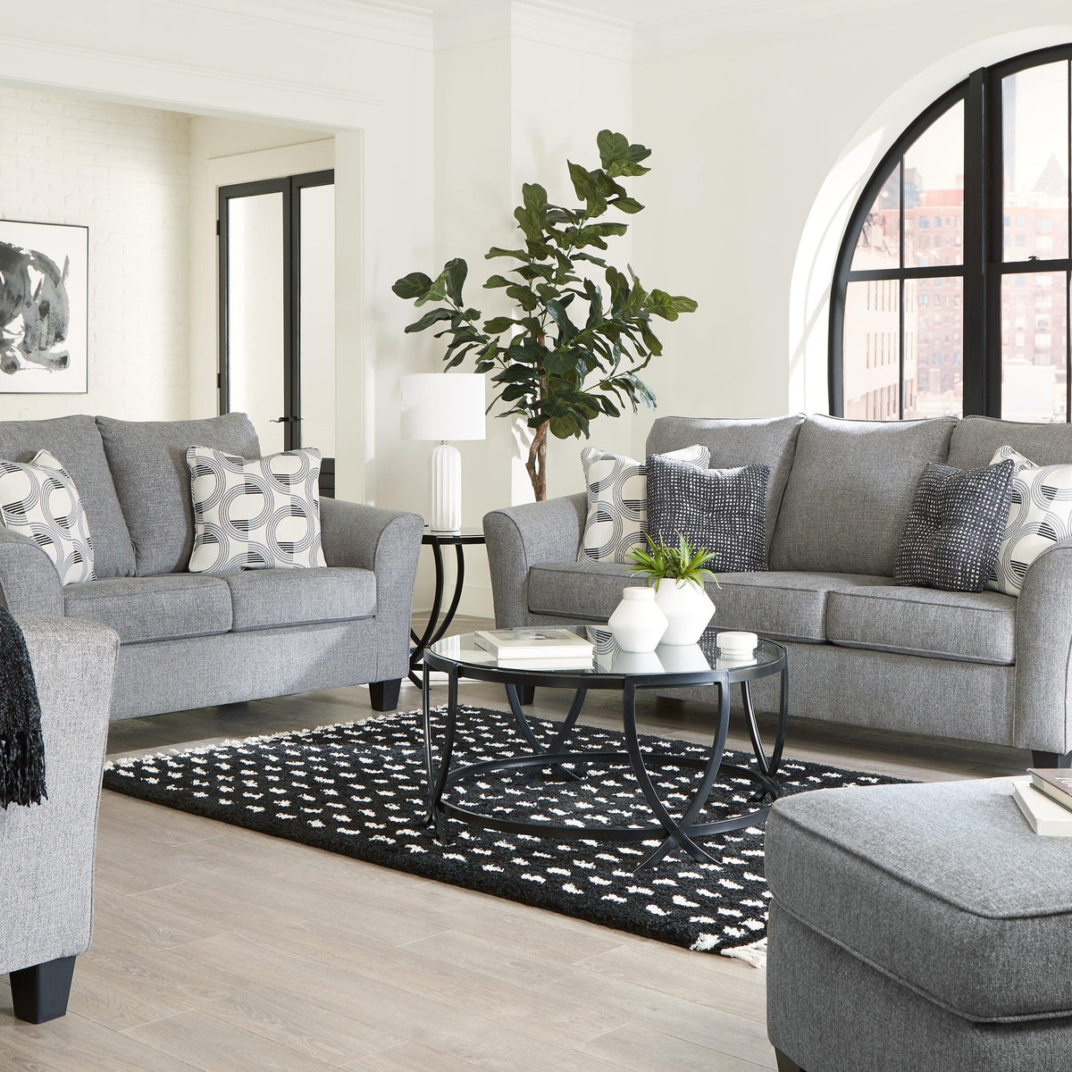 Mathonia Smoke Sofa Loveseat Chair And Ottoman – Ella Furniture